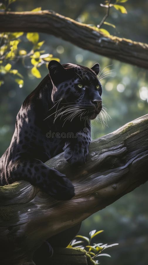 Majestic Black Panther Resting Gracefully on a Tree Branch Stock ...