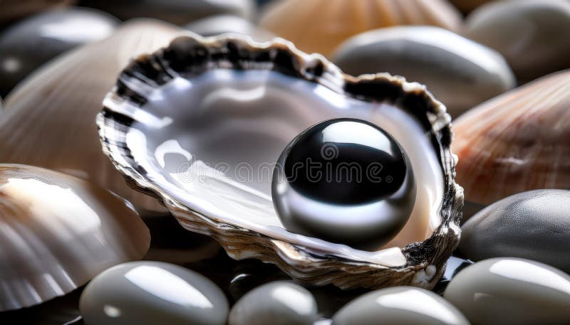 A Stunning Black Pearl on an Oyster Shell among Other Natural Shells ...