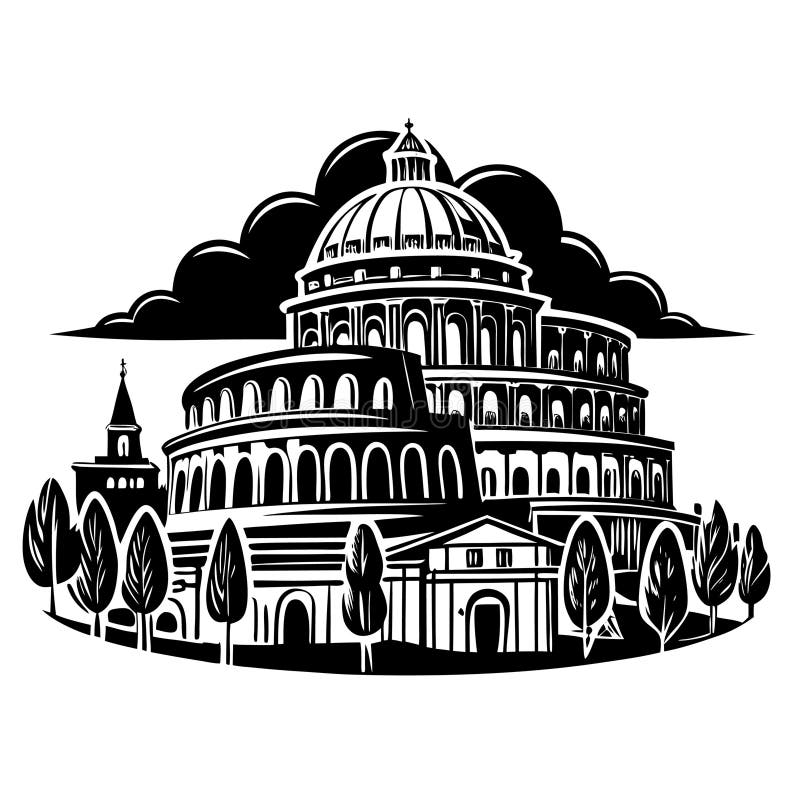 A Stunning Black and White Illustration of a Circular Building with ...