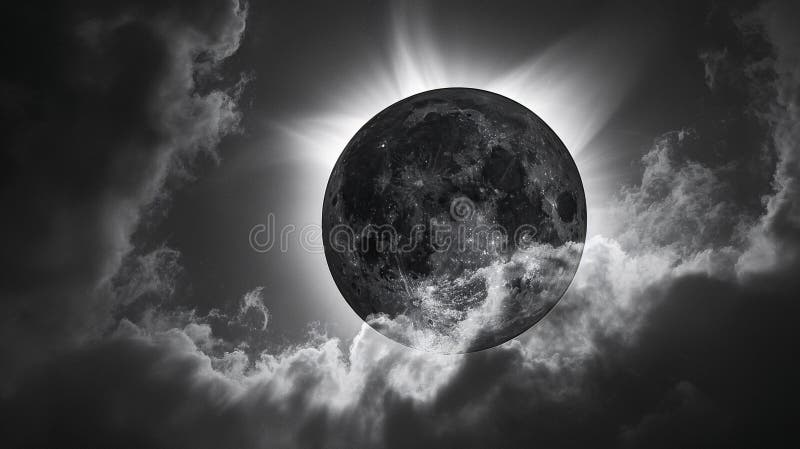 Dramatic Full Moon Illuminated by Sunlight Behind Clouds in Monochrome ...