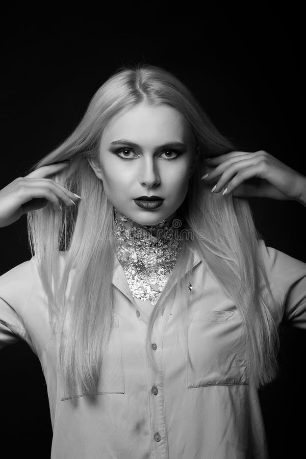 Stunning Blond Model Posing with Foil on Her Neck Stock Photo - Image ...