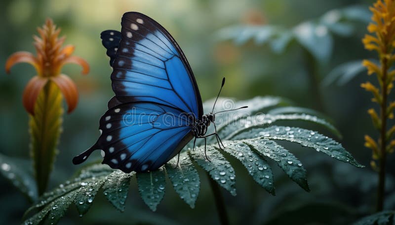 Stunning Blue Butterfly on Leaf in Nature Stock Illustration ...