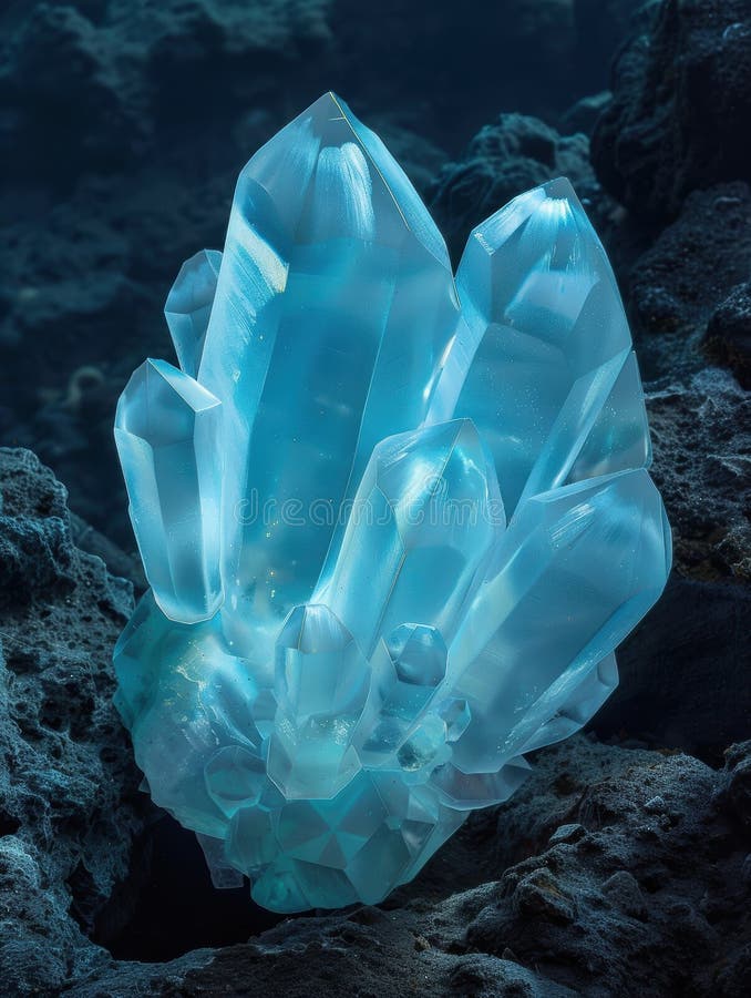 Stunning Blue Crystal Formation in Dark Cave Stock Illustration ...