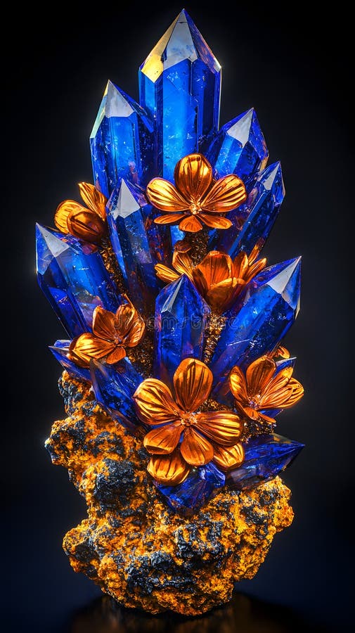 Stunning Blue Crystal Formation with Golden Flowers Stock Image - Image ...