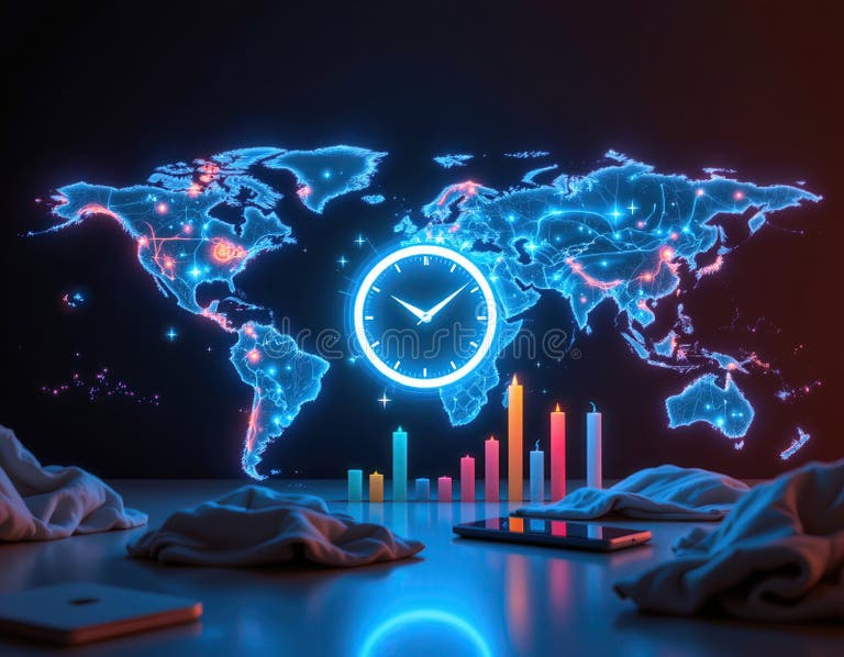 Stunning Blue Glow Map with Clock and Candlestick Graphics Stock Illustration - Illustration of ...