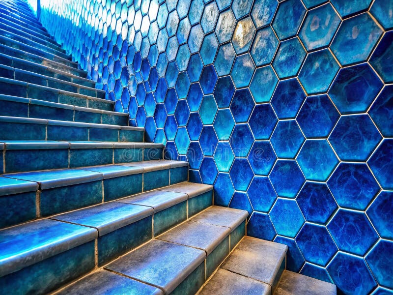 Stunning Blue Hexagonal Tile Steps in LowLight Architectural Panorama ...