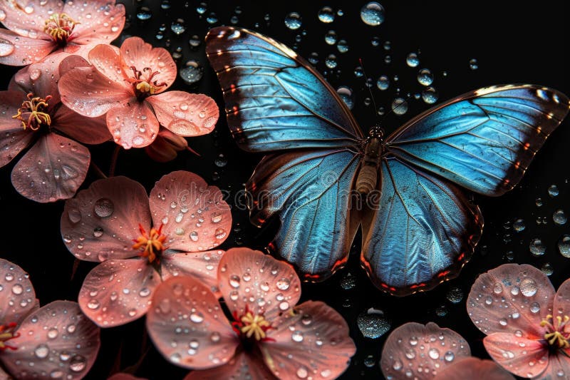 Stunning Blue Morpho Butterfly Perched on Pink Bindweed Bud with Dew ...