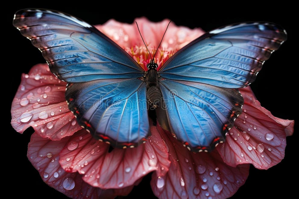 Stunning Blue Morpho Butterfly Perched on Pink Bindweed with Dewdrops ...