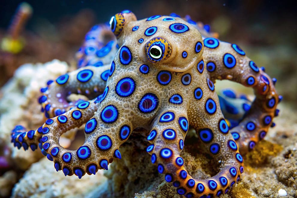 Stunning Blue-ringed Octopus on Coral Reef Stock Illustration ...