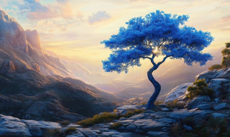 Stunning Blue Tree Against Majestic Mountain Landscape at Sunset Stock ...