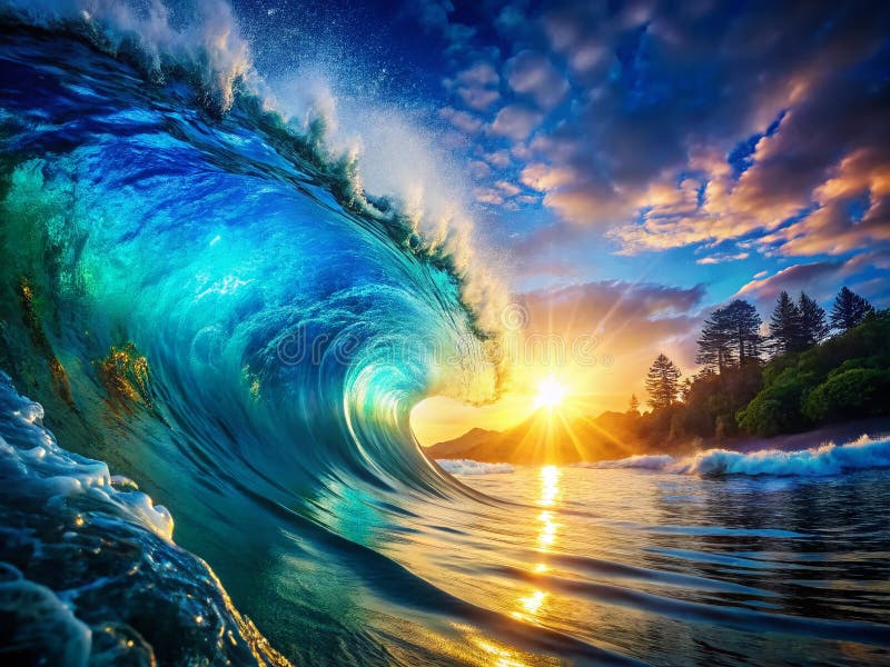 Stunning Blue Wave Double Exposure Radiant Light and Dynamic Energy for ...