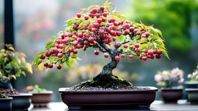 A Stunning Bonsai Cherry Tree Display Featuring Vibrant Fruits and ...