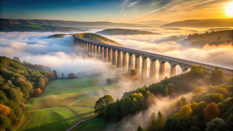 Stunning Bridge Stretching Across Misty Valley at Sunrise Stock ...