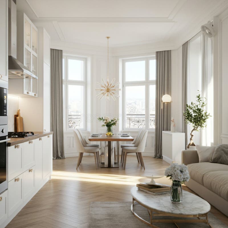 Bright and Airy Luxurious Interior Design of White Kitchen, Dining Room ...