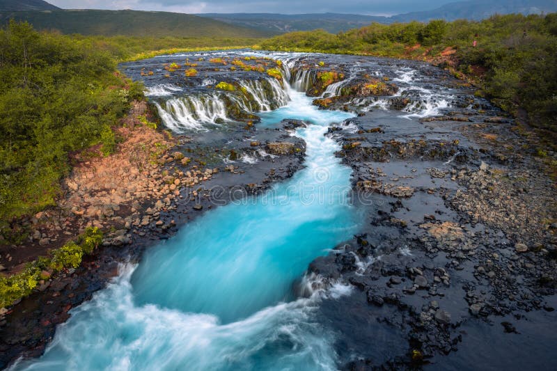 Bruarfoss Blue Waterfall in Iceland Stock Image - Image of flowing ...