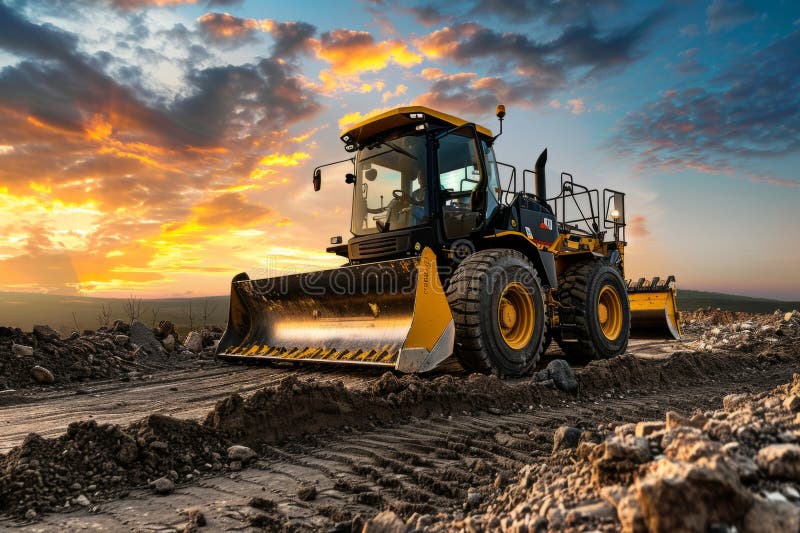 Heavy Machinery Working Dynamically at Sunset. this Powerful Bulldozer ...
