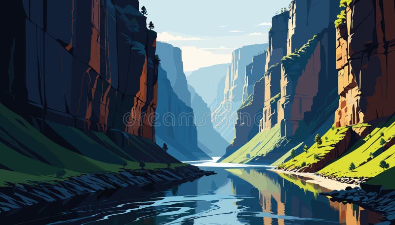 Scenic Canyon River Flowing between Towering Cliffs Stock Illustration ...
