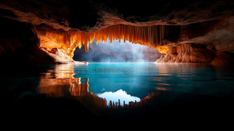 Stunning Cave Interior with Blue Water and Illuminated Formations Stock ...