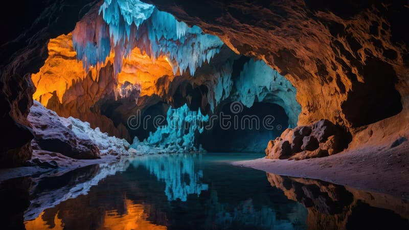 Stunning Underground Lake Reflecting Colorful Cave Formations Stock ...