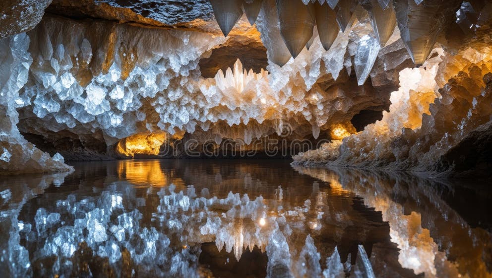 Stunning Cave with Reflecting Water and Luminous Crystalline Structures ...