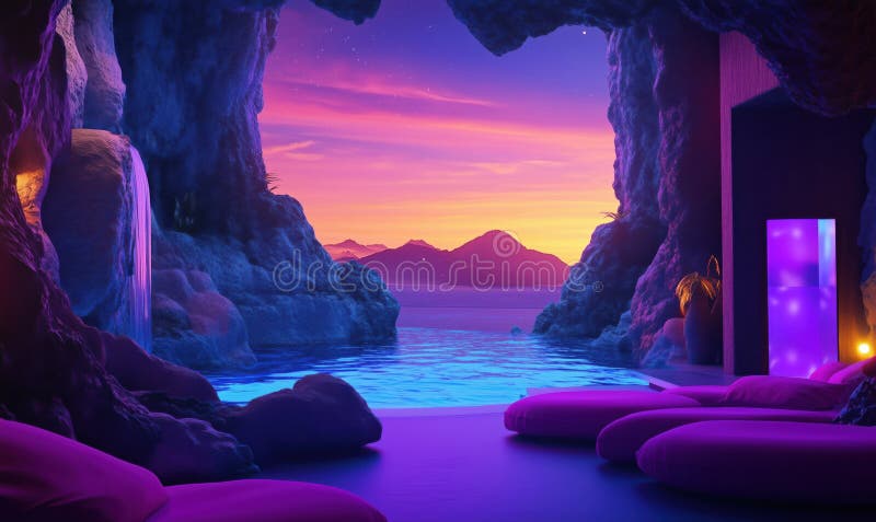 Stunning Cave Retreat with Vibrant Sunset View and Tranquil Water ...