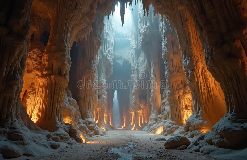 Stunning Cavern Interior with Stalactites, Stalagmites Illuminated by ...