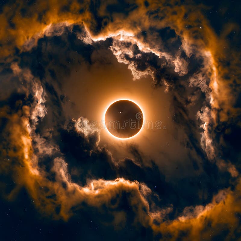 Solar Eclipse, Golden Glow, Swirling Nebulas Contrast Vibrant Orange ...