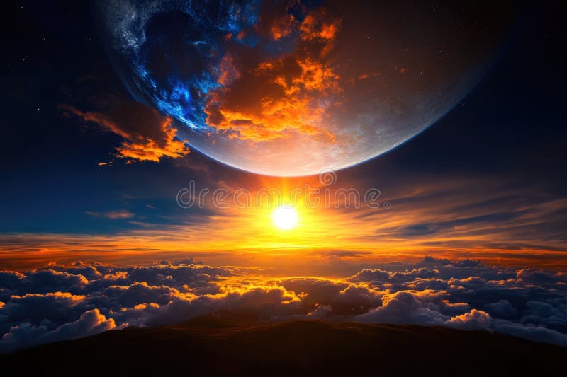 Stunning Celestial Scene with Rising Sun and Planet Over Cloudscape ...