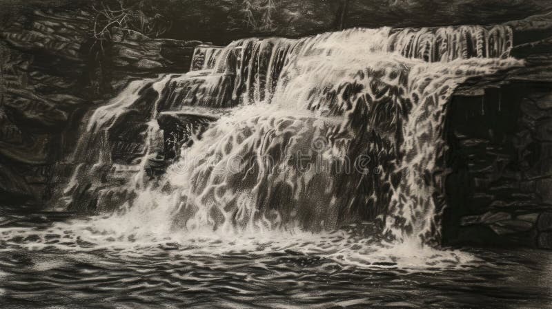 Stunning Charcoal Drawing of a Waterfall in Nature Stock Illustration ...