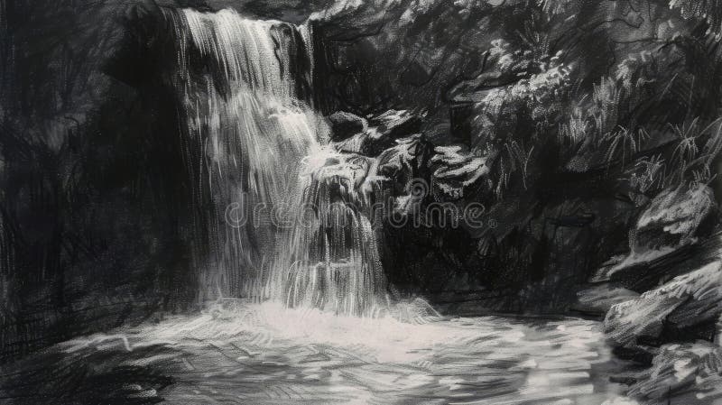 Stunning Charcoal Drawing of a Waterfall S Majestic Beauty Stock ...