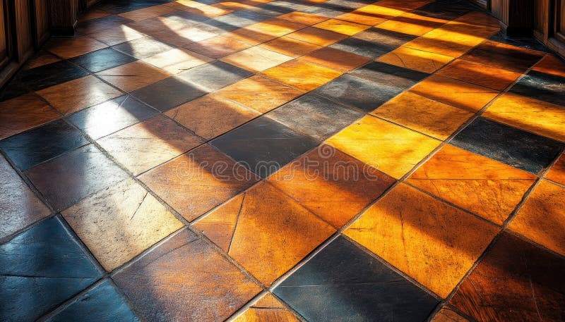 Stunning Checkerboard Tile Floor with Sunbeams and Shadow Patterns, a ...