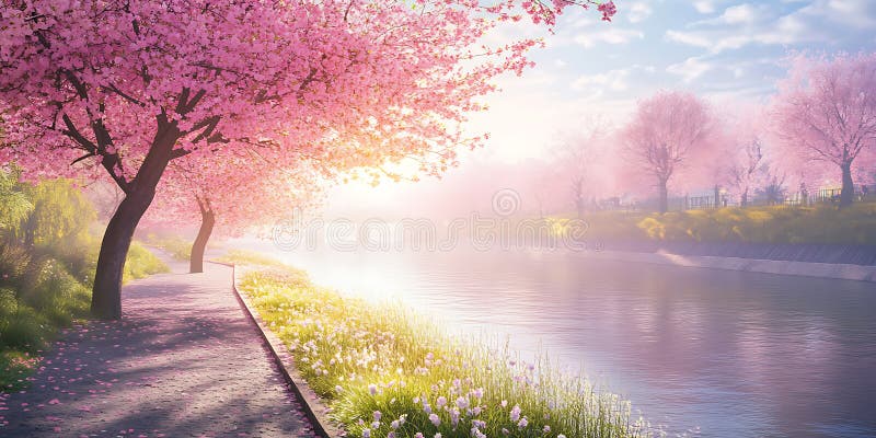 Stunning Cherry Blossom Tree Landscape Peaceful Spring Scenery Stock ...
