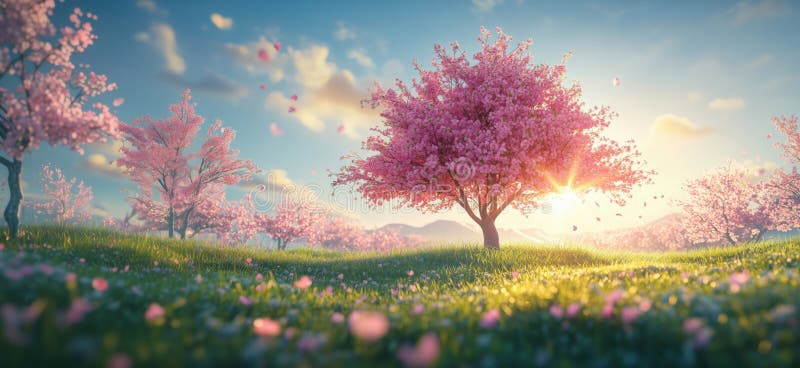 Stunning Cherry Blossom Tree in Vibrant Spring Landscape with Sunlight ...