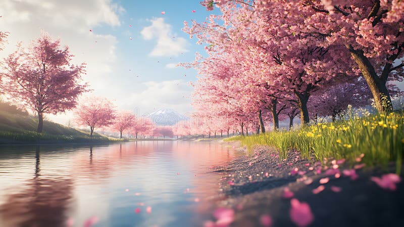 Stunning Cherry Blossom Trees Along a Calm River Spring Landscape Stock ...