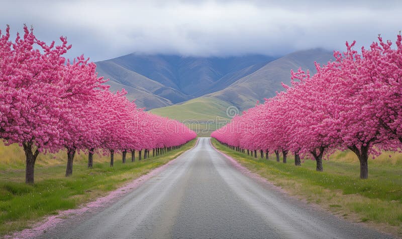 Stunning Cherry Blossom Trees Lining Scenic Road with Mountains in ...