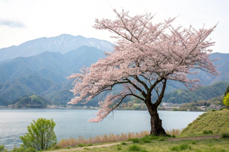 Single Cherry Tree in Full Bloom Stock Illustration - Illustration of ...