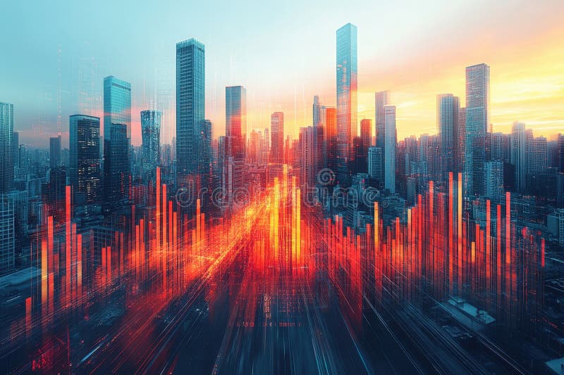 Vibrant City Skyline with Digital Data Visualization at Sunset ...