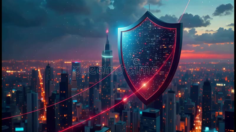 Exploring the Skyline with a Futuristic Shield Design at Sunset Stock ...