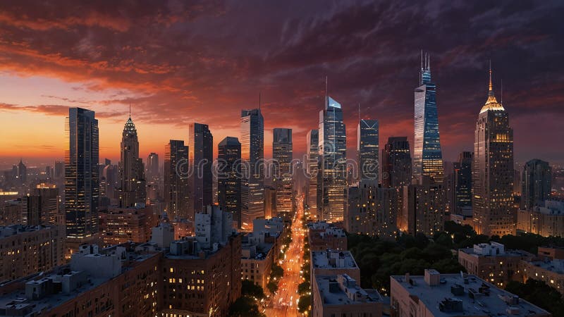 Stunning City Skyline at Sunset with Glowing Skyscrapers and Dramatic ...