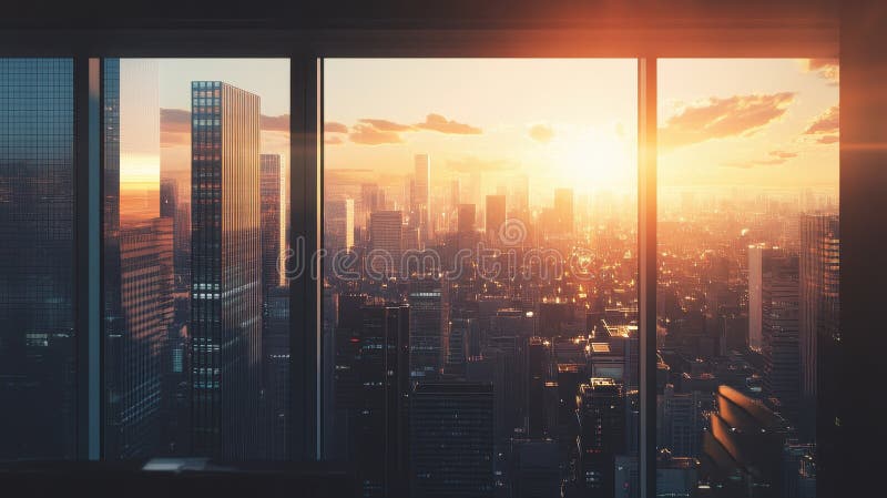 A Stunning City Skyline at Sunset Viewed through Large Windows Stock ...