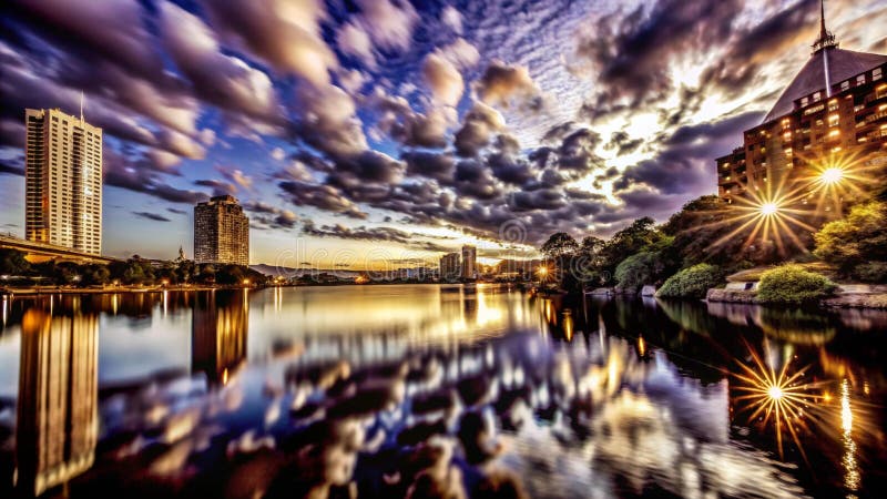 Stunning Cityscape Skyline Reflected in Water at Sunrise with Dramatic ...