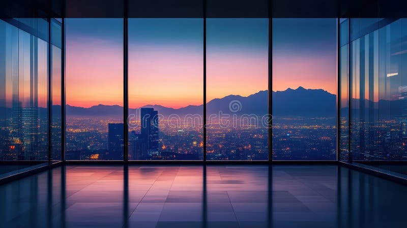A Stunning Cityscape View at Sunset from a Modern Glass Building Stock ...