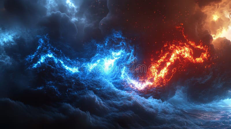 A Stunning Clash of a Blue and Black Lightning Wave Merges with Vibrant ...