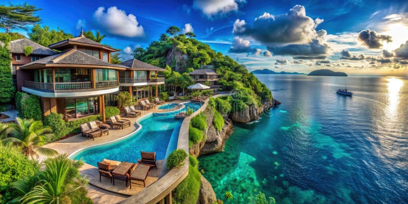 Luxurious Cliffside Homes Overlooking the Tranquil Ocean at Sunset ...