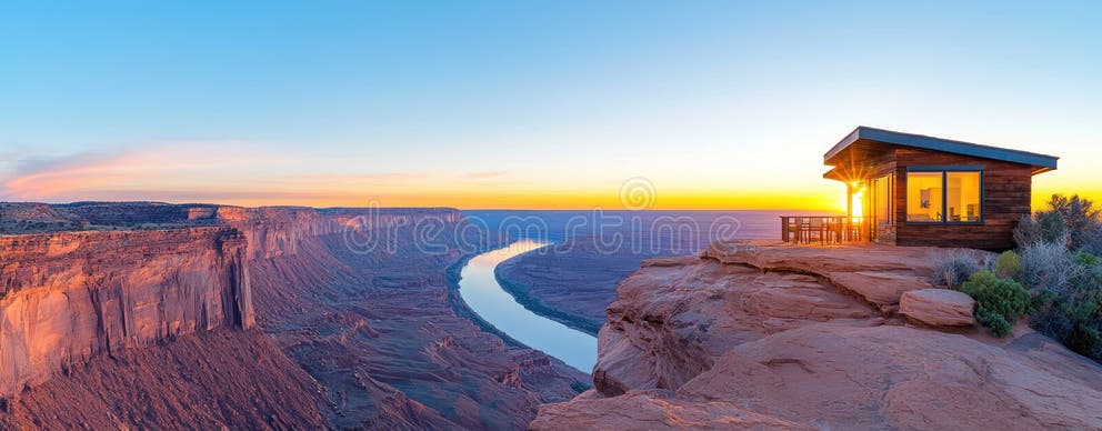 Stunning Cliffside View of Modern Cabin Overlooking River at Sunrise ...