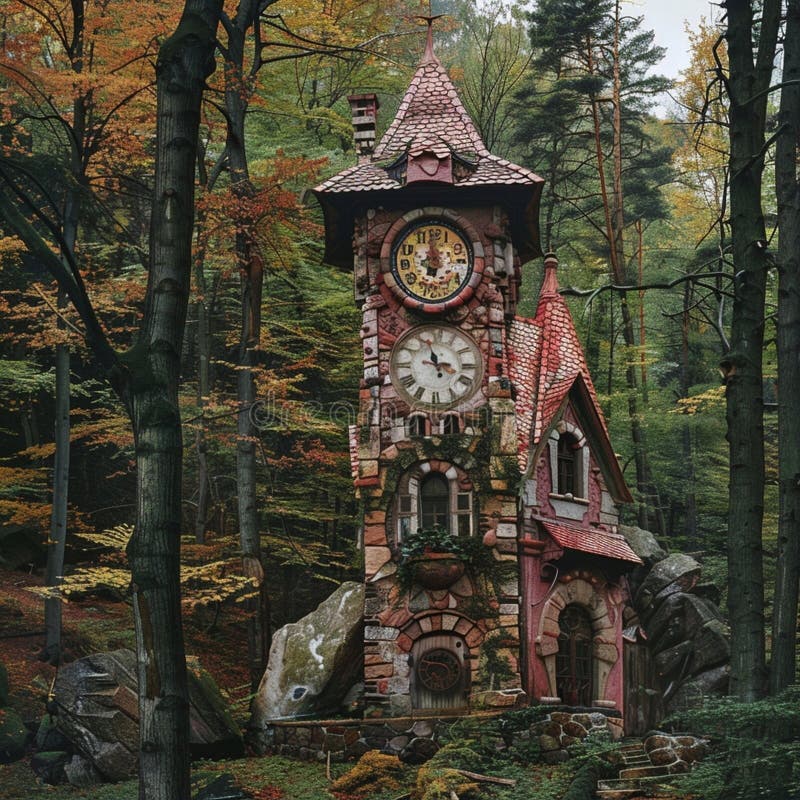 Stunning Clock Tower Amidst the Serene Forest Stock Illustration ...
