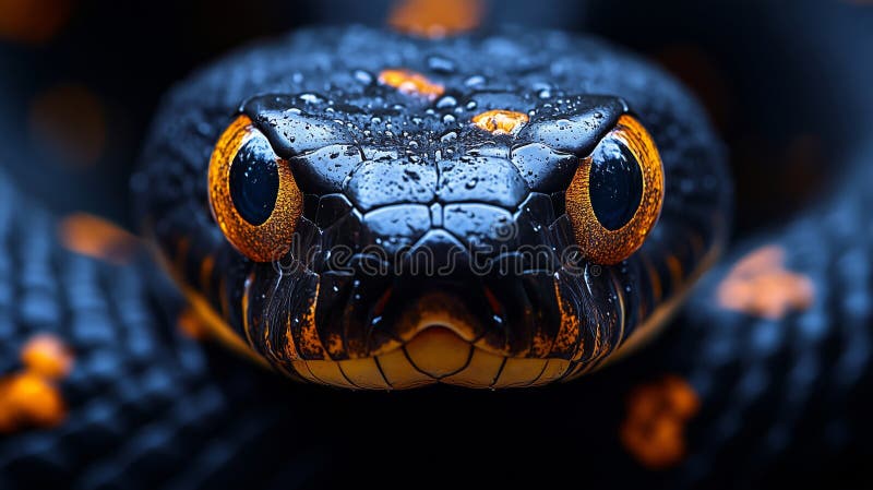 Stunning Close Up of a Black and Orange Snake Head with Water Droplets ...