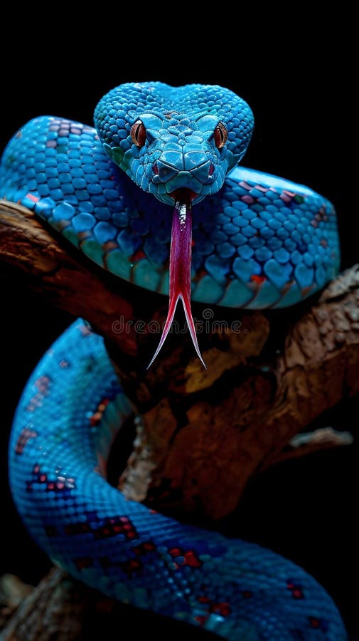 Bright Blue Snake Coiled on Tree Branch with Tongue Out Stock ...
