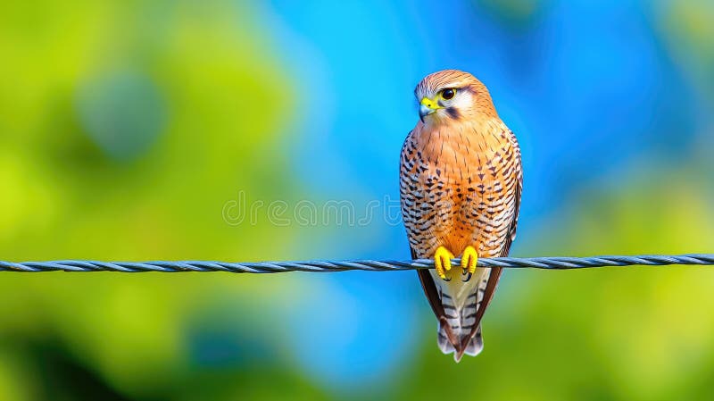 A Stunning Close-up of a Hawk Perched on a Wire, Surrounded by Vibrant ...