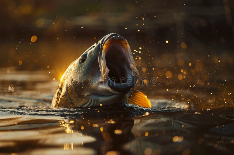 Dramatic Shot of a Fish Breaking Water Surface in Warm Sunset Light ...